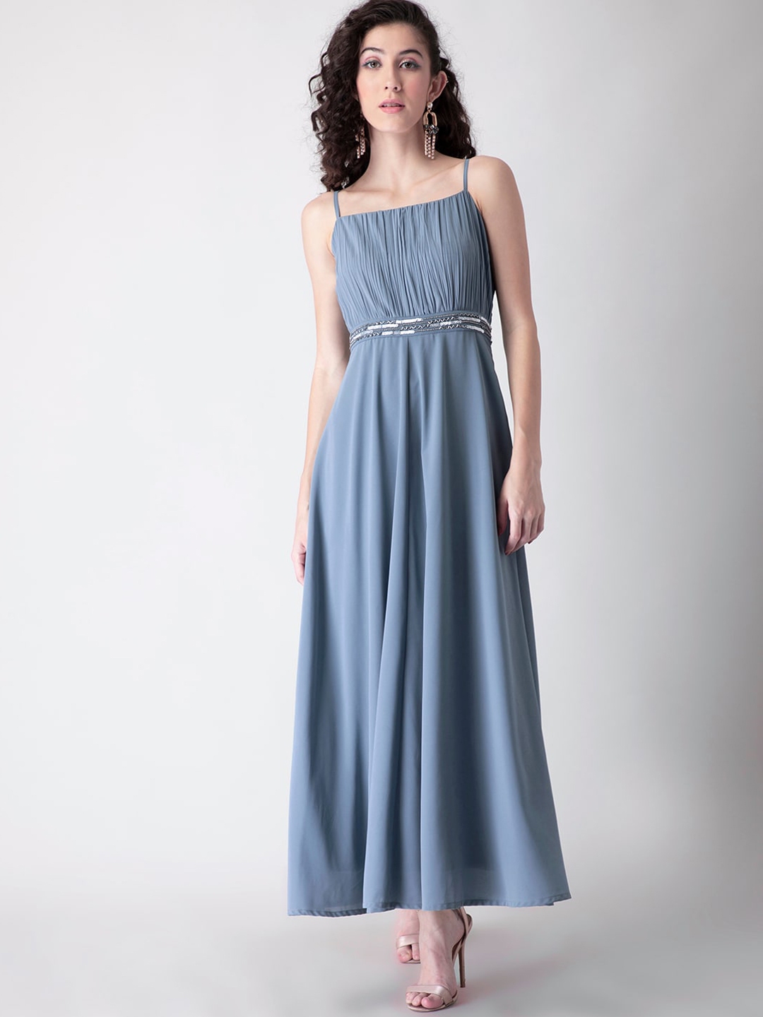 Buy Faballey Blue Georgette Crushed Maxi Dress Dresses For Women