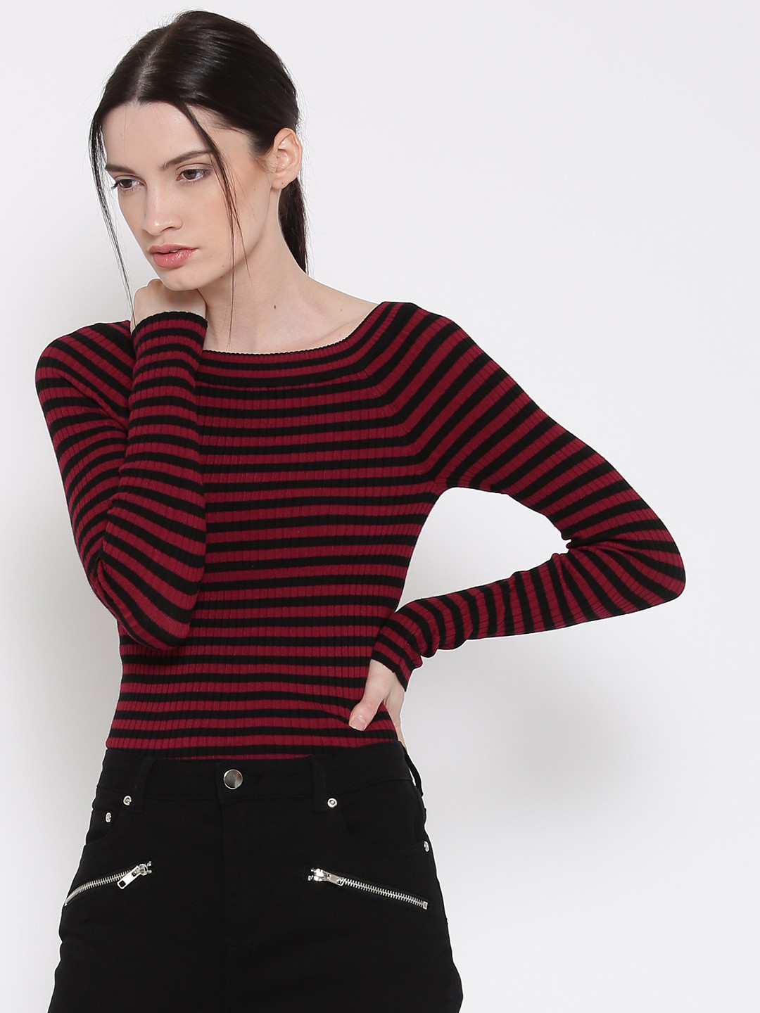 Buy FOREVER 21 Women Red & Black Striped Top - Tops for Women 1552219 ...