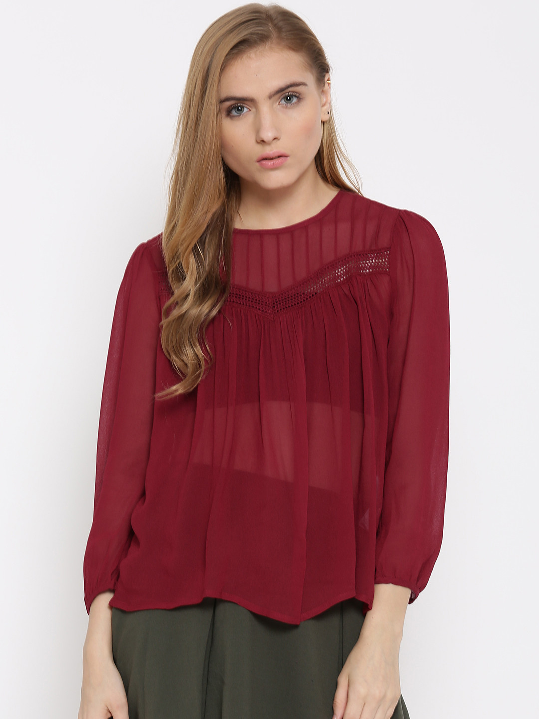 Buy FOREVER 21 Women Maroon Solid Sheer Top - Tops for Women 1552261 ...