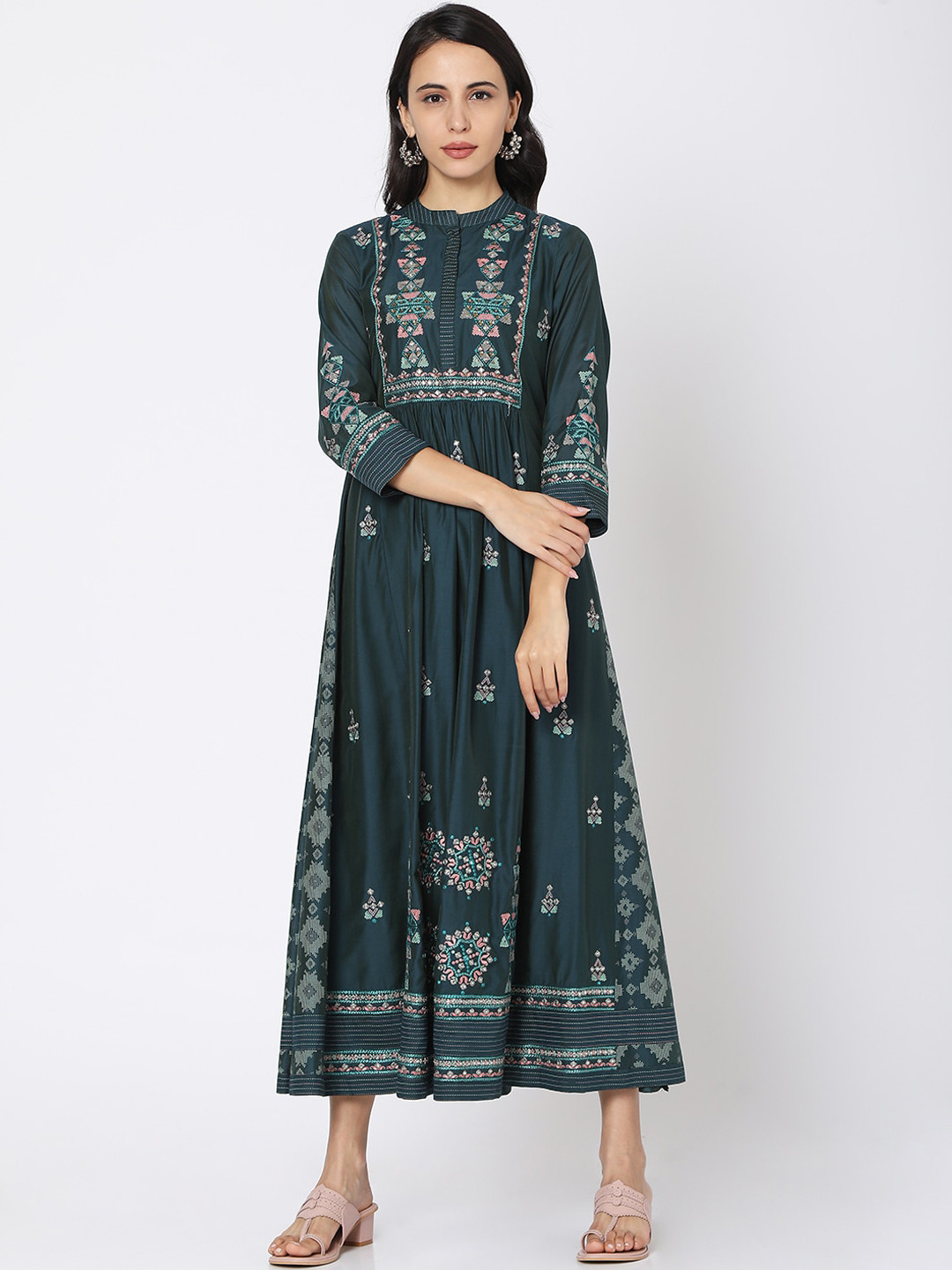 Buy Ojas Designs Women Green & Peach Coloured Ethnic Motifs Embroidered ...