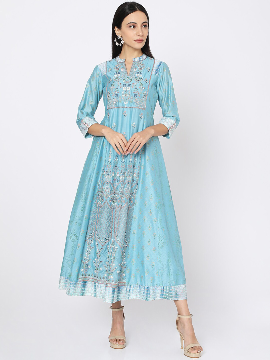 Buy Ojas Designs Women Turquoise Blue & White Floral Printed Mandarin ...