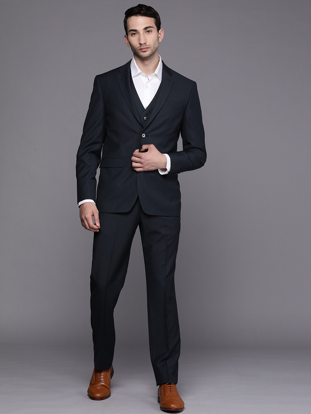Buy Louis Philippe Navy Blue Slim Fit Self Design Single Breasted Three ...
