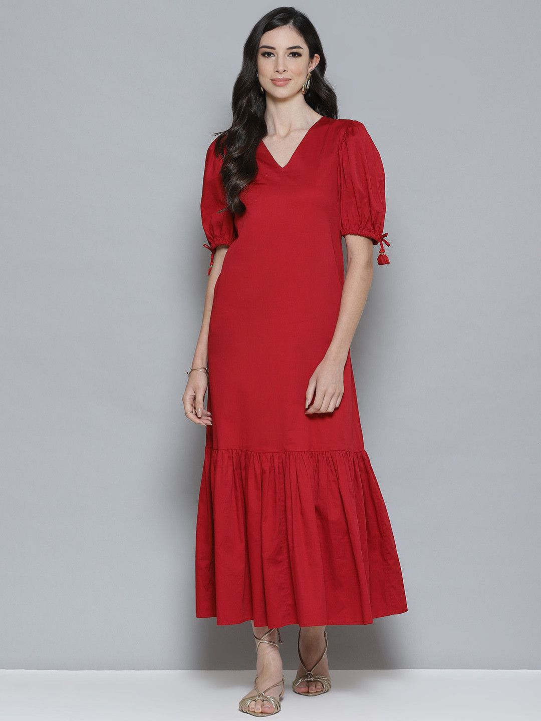 Buy Femella Women Red Solid Cotton Flounce Hem Maxi Dress - Dresses for ...