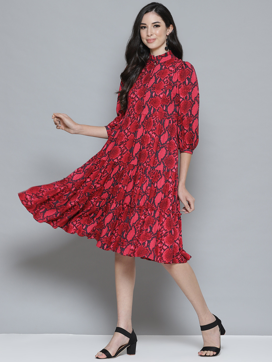 Buy FEMMELLA Women Pink & Navy Blue Snake Print A Line Midi Dress ...