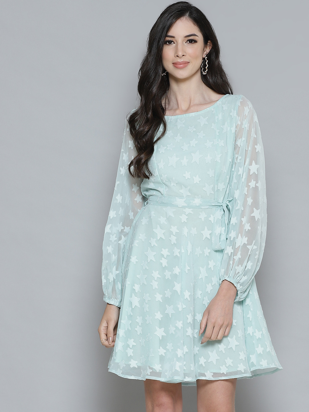 Buy Femella Sea Green Star Dobby Patterned Fit & Flare Dress With Belt ...