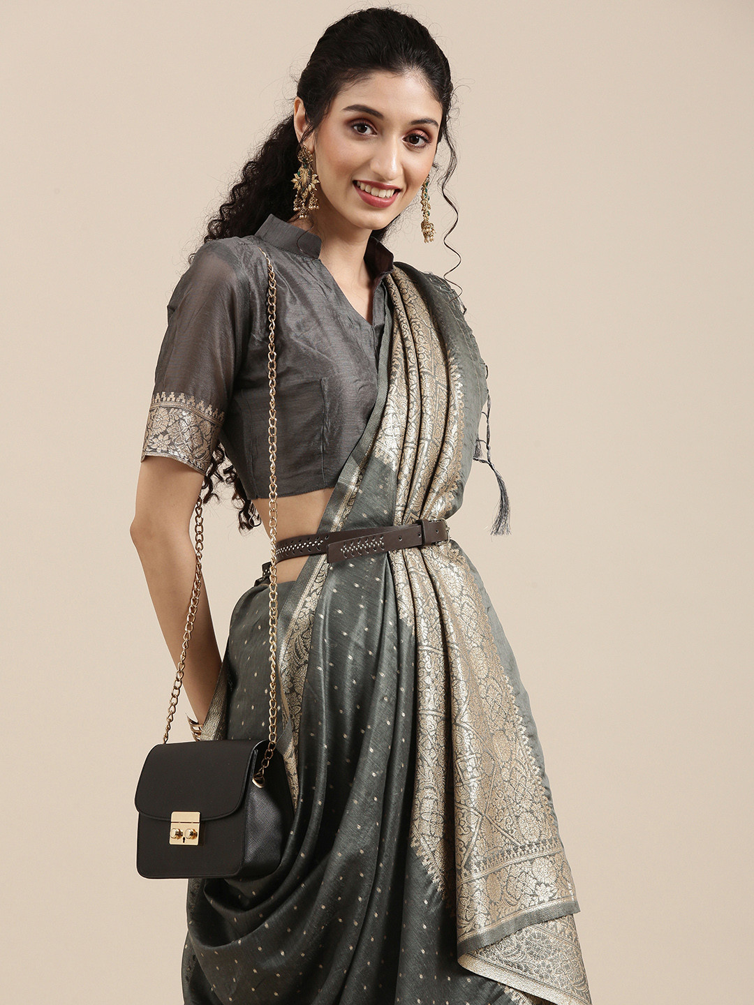 Buy Saree Mall Grey Woven Design Zari Silk Blend Banarasi Sarees ...