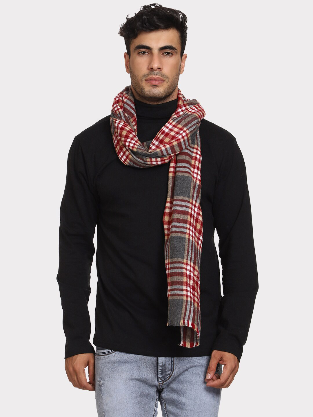 Buy WEAVERS VILLA Men Grey & Red Checked Stole - Stoles for Men ...