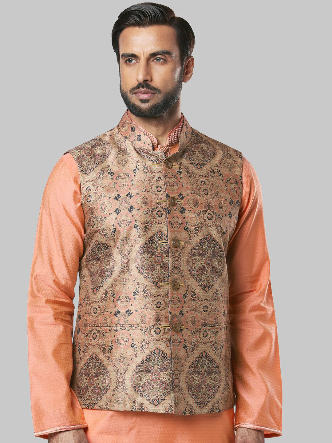 Buy Ethnix By Raymond Men Beige Peach Coloured Printed Corduroy Nehru ...