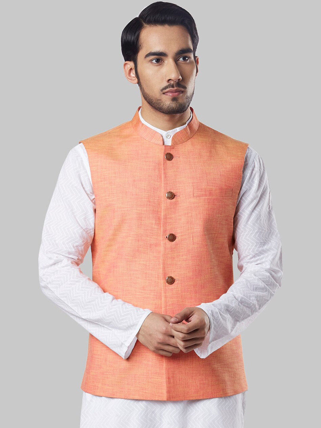 Buy Ethnix By Raymond Men Peach Colored Solid Corduroy Nehru Jacket ...