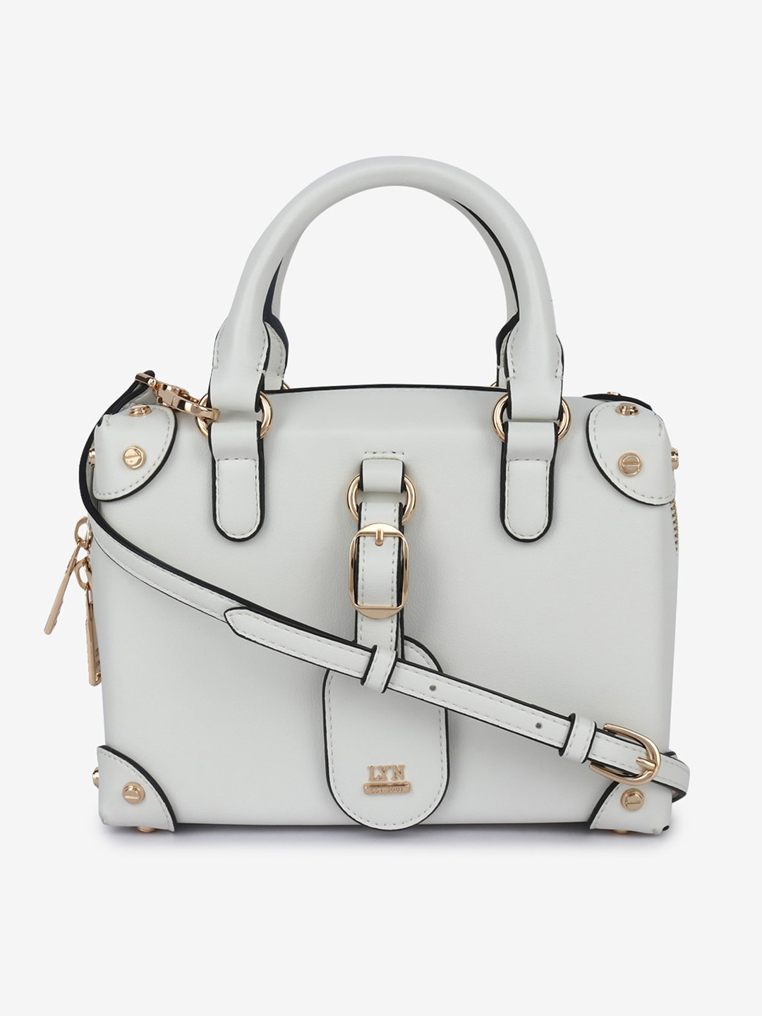 Buy LYN White & Black PU Structured Handheld Bag With Buckle Detailing ...