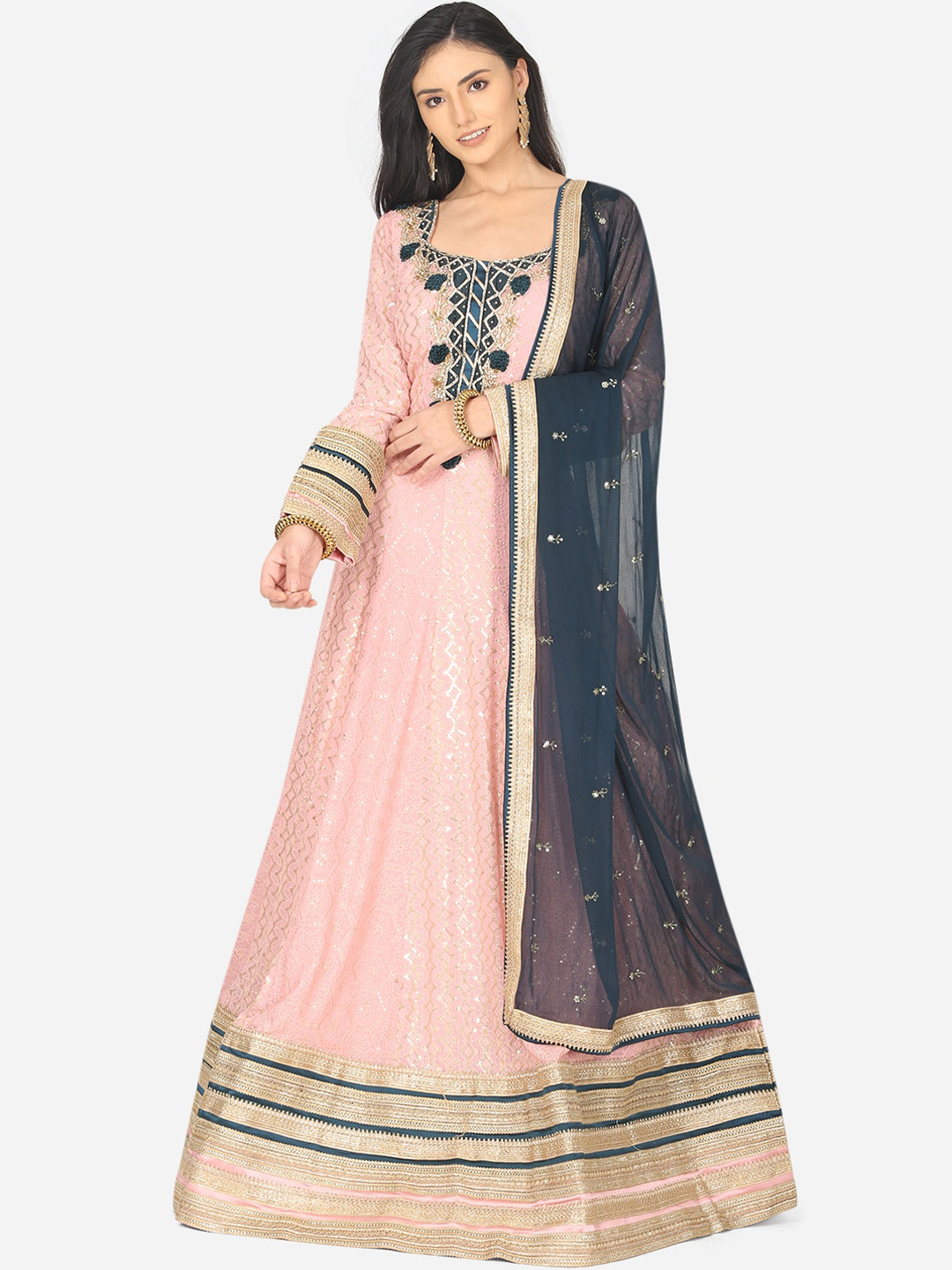 Buy BOMBAY SELECTIONS Pink & Blue Embellished Georgette Ethnic Maxi ...