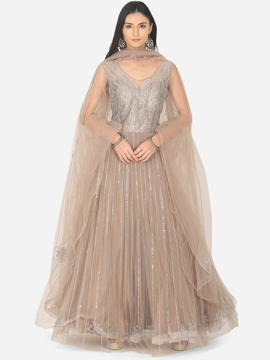 Buy BOMBAY SELECTIONS Beige Embellished Net Ethnic Maxi Dress With ...