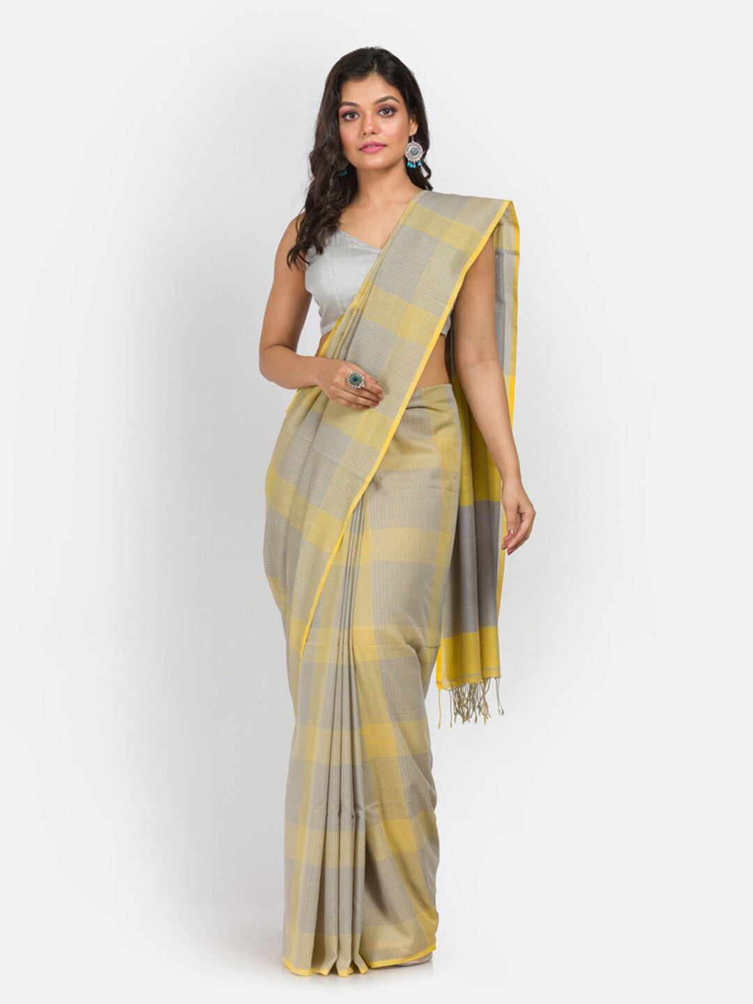 Buy Aryavart Grey & Yellow Checked Pure Cotton Saree - Sarees for Women ...