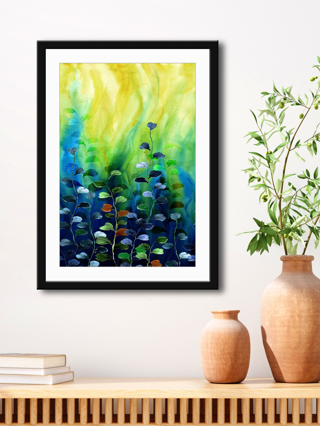 Buy 999Store Yellow & Blue Abstract Leaves HD Printed Framed Wall Art ...