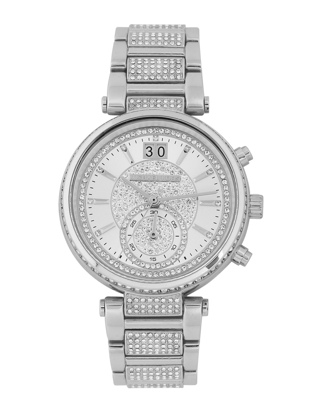 Buy Michael Kors Women Silver Toned Embellished Chronograph Watch ...