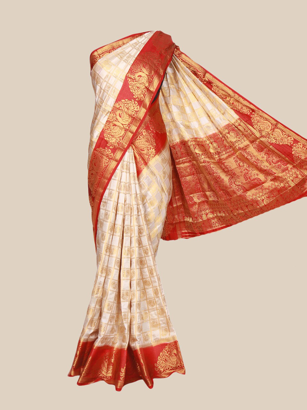 Buy The Chennai Silks Cream Coloured & Red Checked Jute Cotton Saree ...