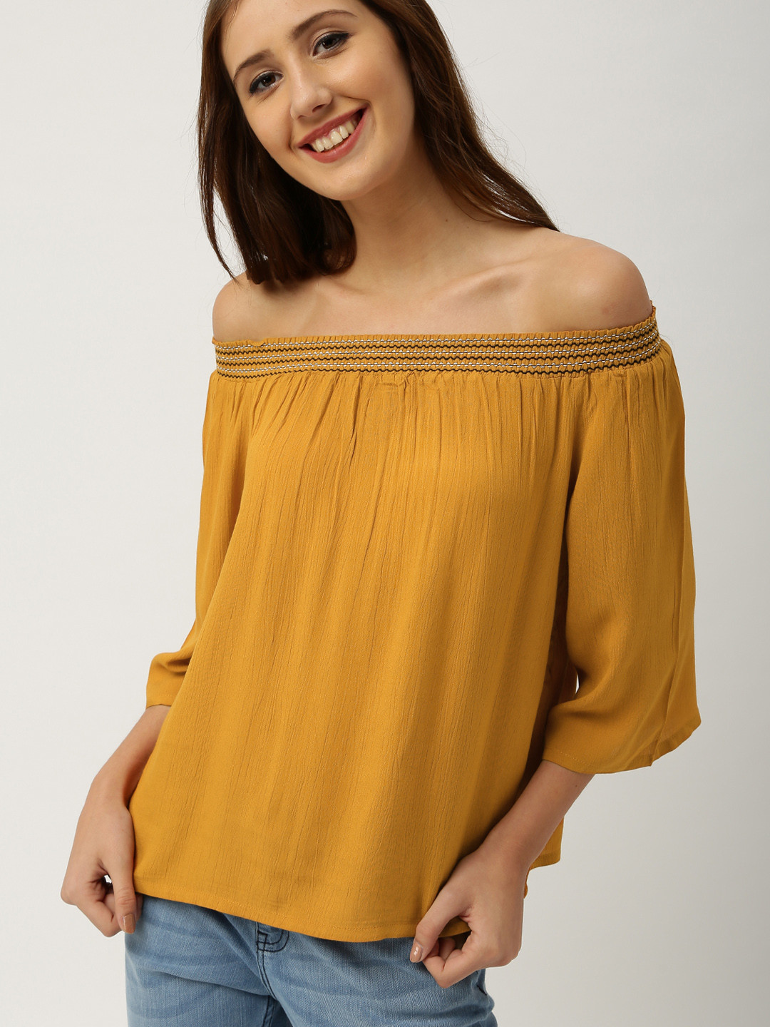 Buy DressBerry Women Mustard Yellow Off Shoulder Top - Tops for Women ...