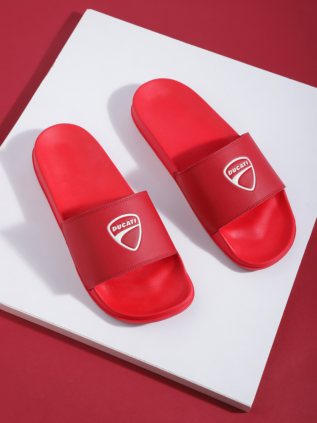 Buy Ducati Men Red & White Brand Logo Print Sliders - Flip Flops for ...