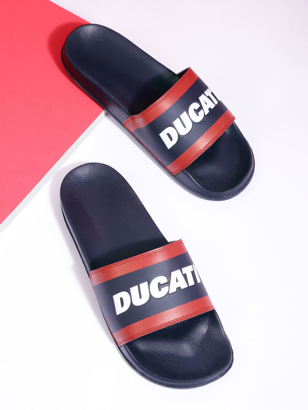 Buy Ducati Men Navy Blue & White Brand Logo Embossed Sliders - Flip ...