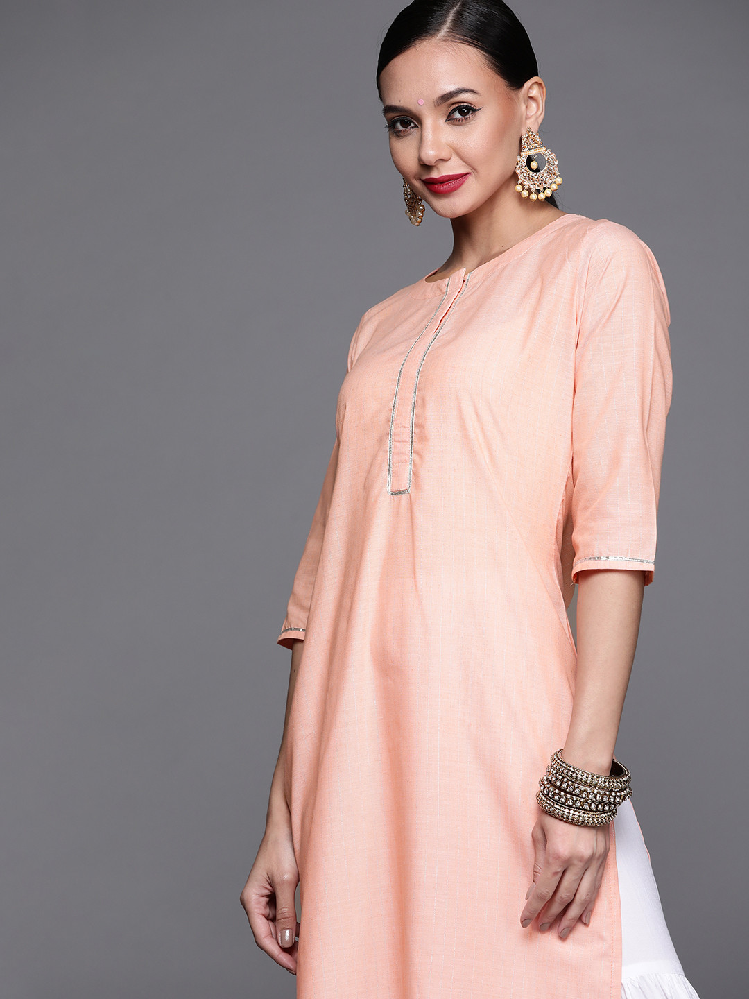 Buy Libas Women Peach Coloured Cotton Striped Boat Neck Straight Kurta ...