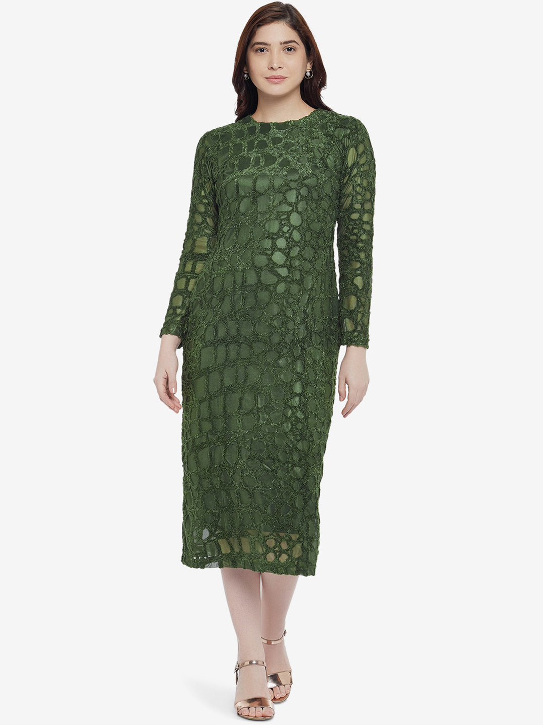 Buy Emmyrobe Olive Green Self Design Sheath Midi Dress - Dresses for ...