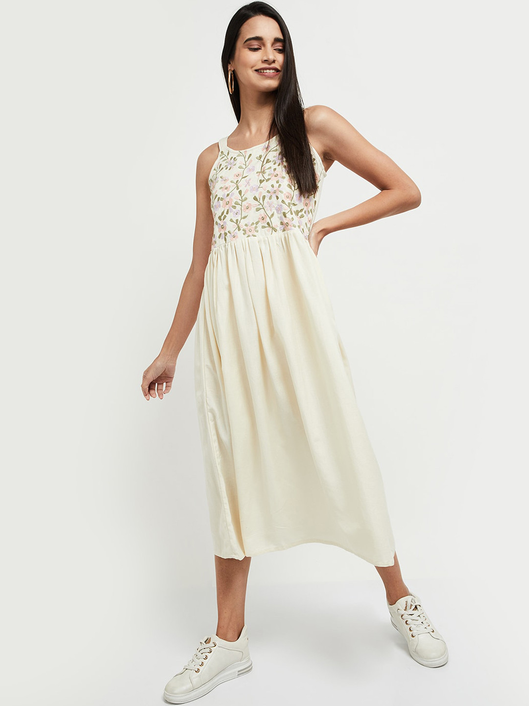 Buy Max Cream Coloured Floral Embroidered Midi Dress - Ethnic Dresses ...