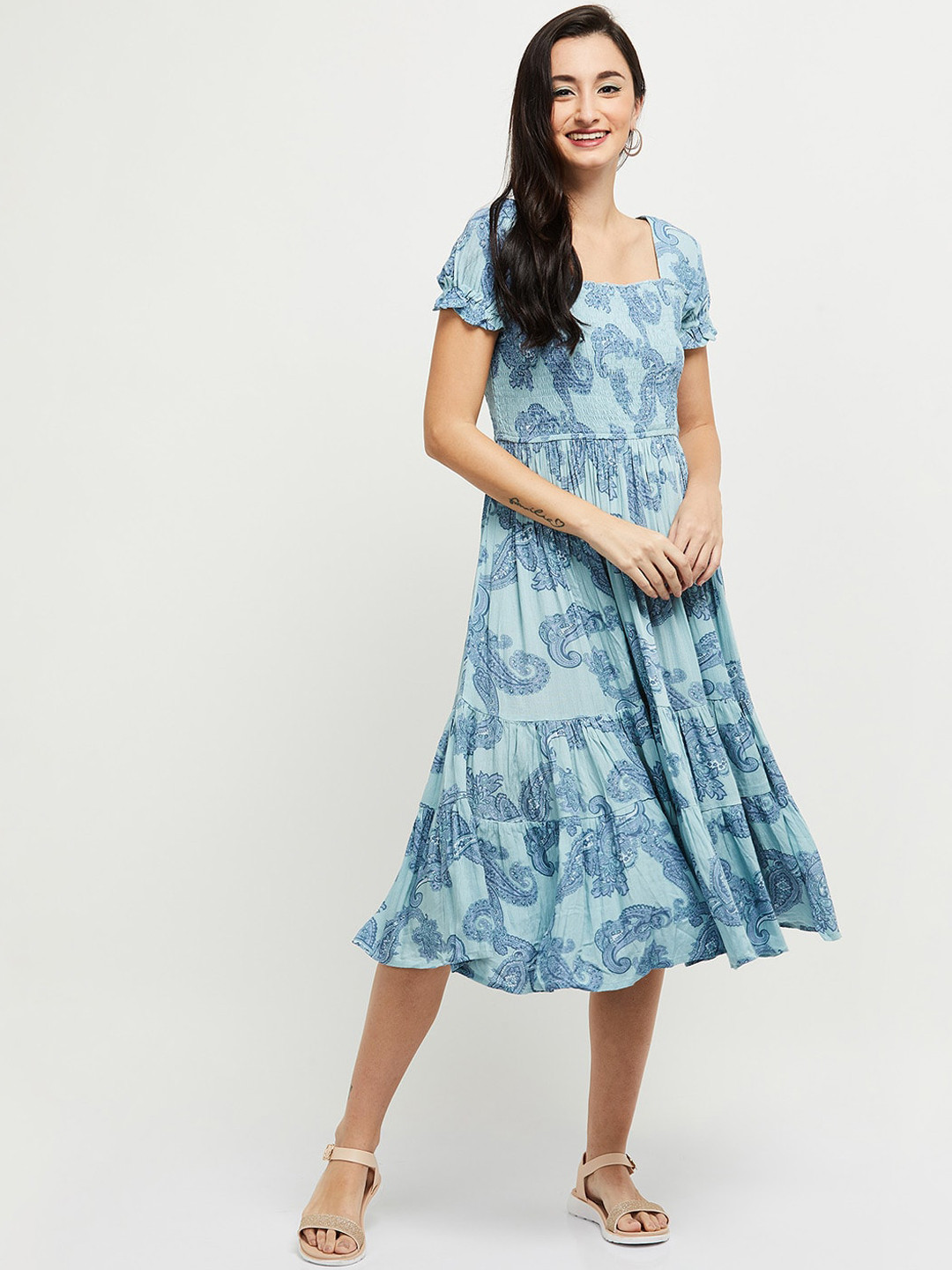 Buy Max Blue Floral A Line Midi Dress - Ethnic Dresses for Women ...