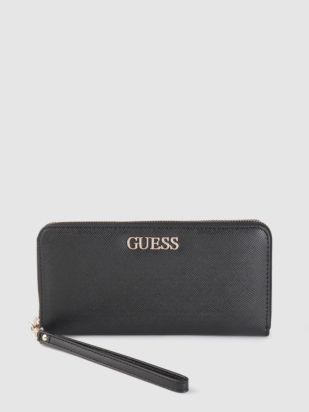 Buy GUESS Women Black Saffiano Textured Zip Around Wallet With Wrist ...
