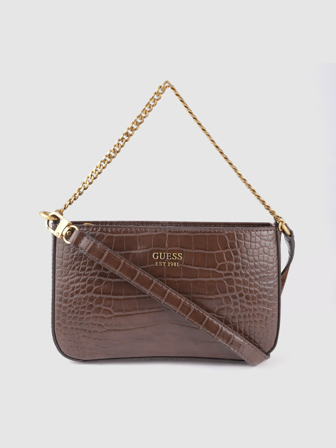 Buy GUESS Women Coffee Brown Croc Textured Structured Baguette Shoulder ...
