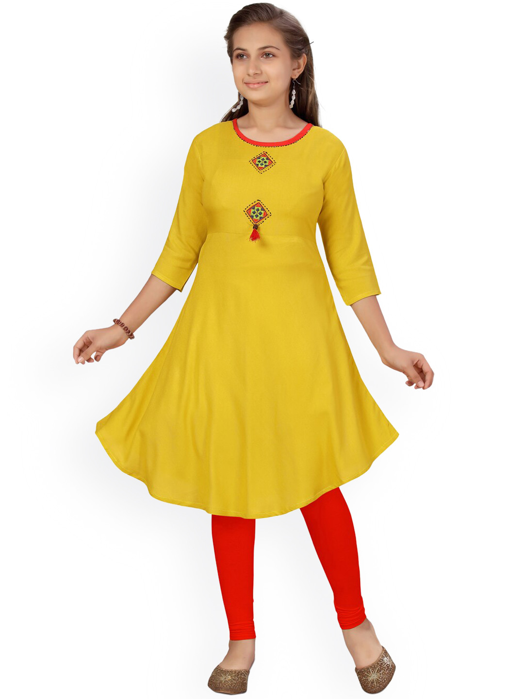 Buy Aarika Girls Yellow Pleated Pure Cotton Kurti With Churidar - Kurta ...