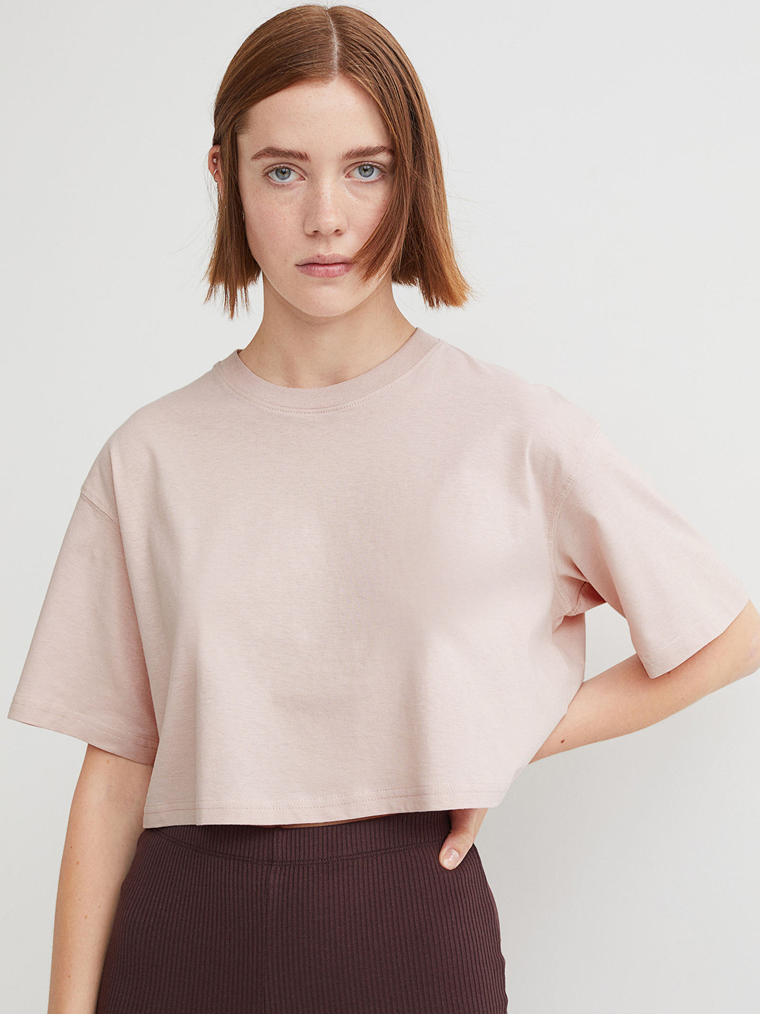 Buy HM Women Pink Cropped Pure Cotton T Shirt - Tshirts for Women ...