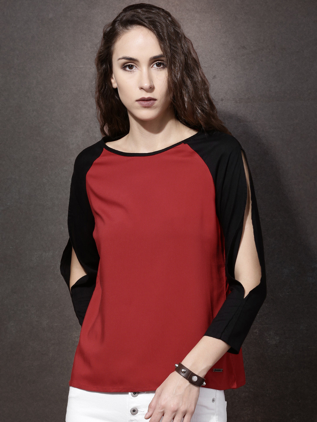 Buy Roadster Women Red & Black Colourblocked Regular Top - Tops for ...