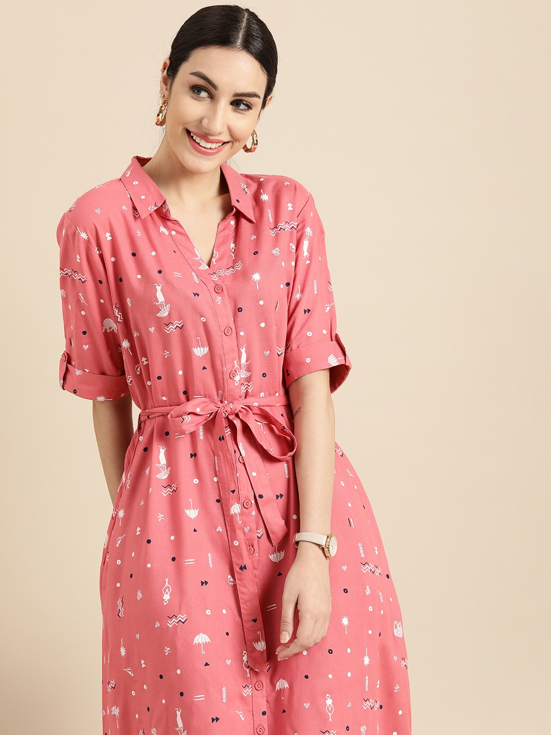 Buy Anouk Women Pink Checked And Quirky Printed Shirt Style Midi Dress