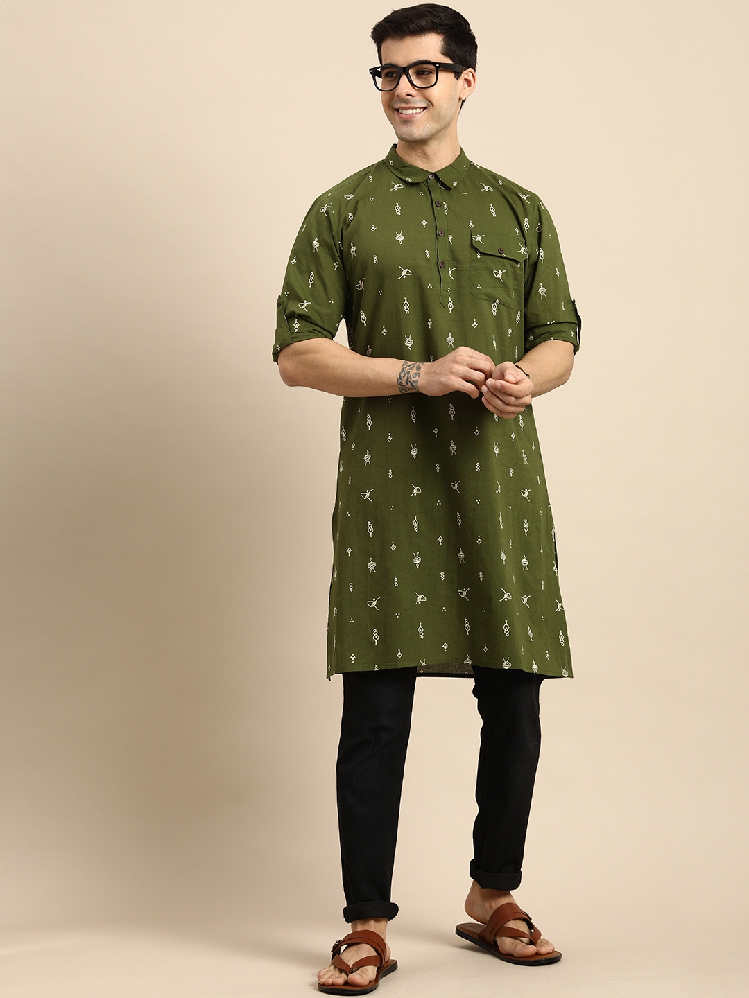 Buy Anouk Men Olive Green & White Printed Kurta - Kurtas for Men ...