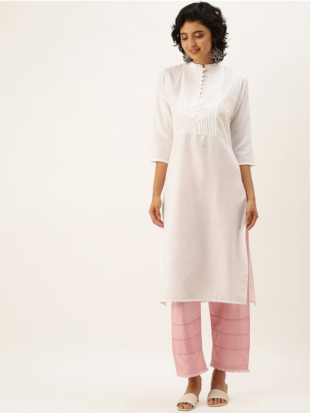 Buy ZOLA Women Yoke Design Pleated Mandarin Collar Pure Cotton Kurta ...