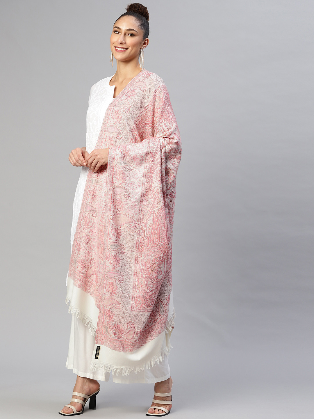 Buy WEAVERS VILLA Women White & Pink Paisley Woven Design Shawl - Shawl ...