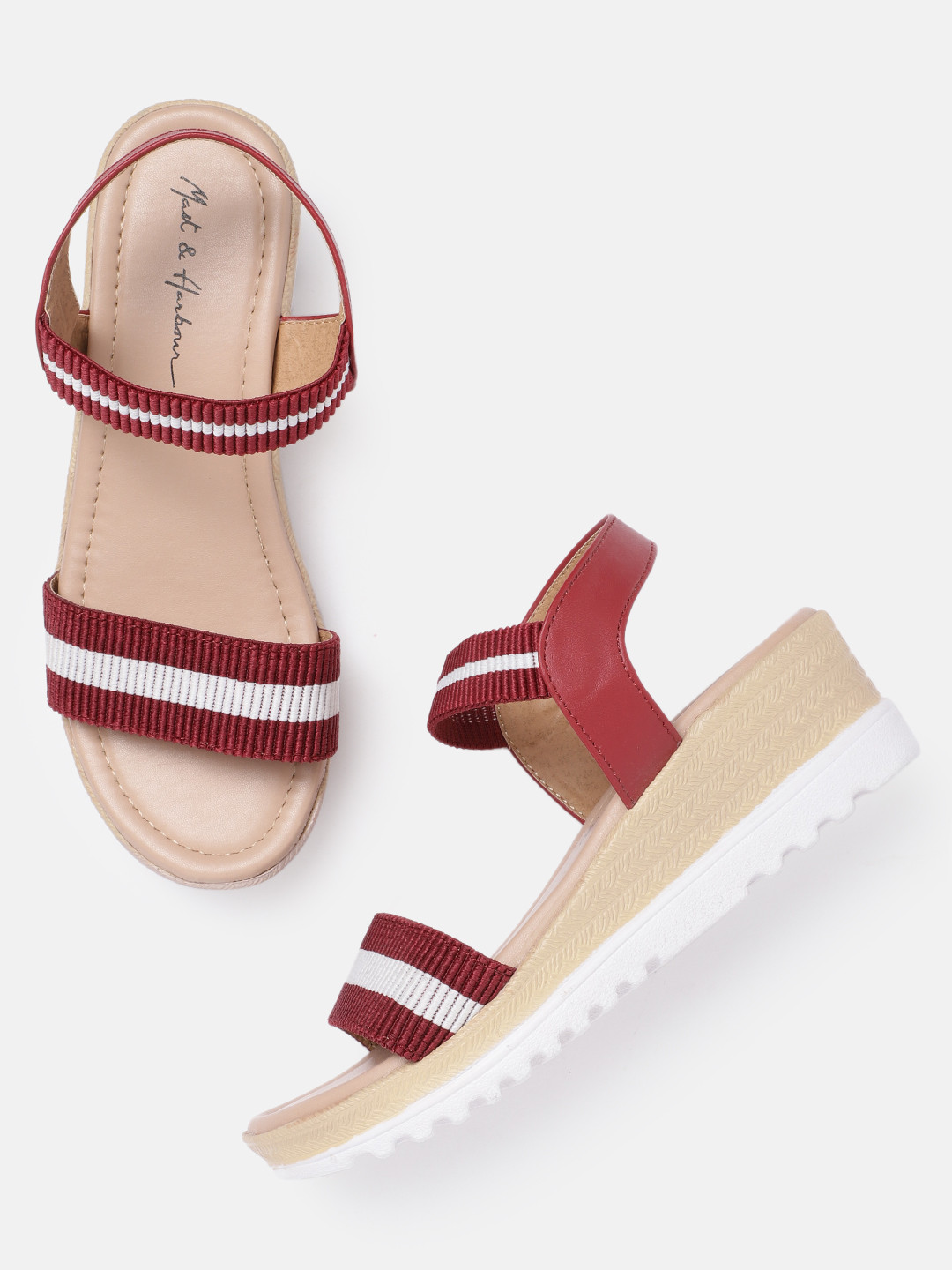 Buy Mast & Harbour Maroon & White Striped Wedges - Heels for Women ...