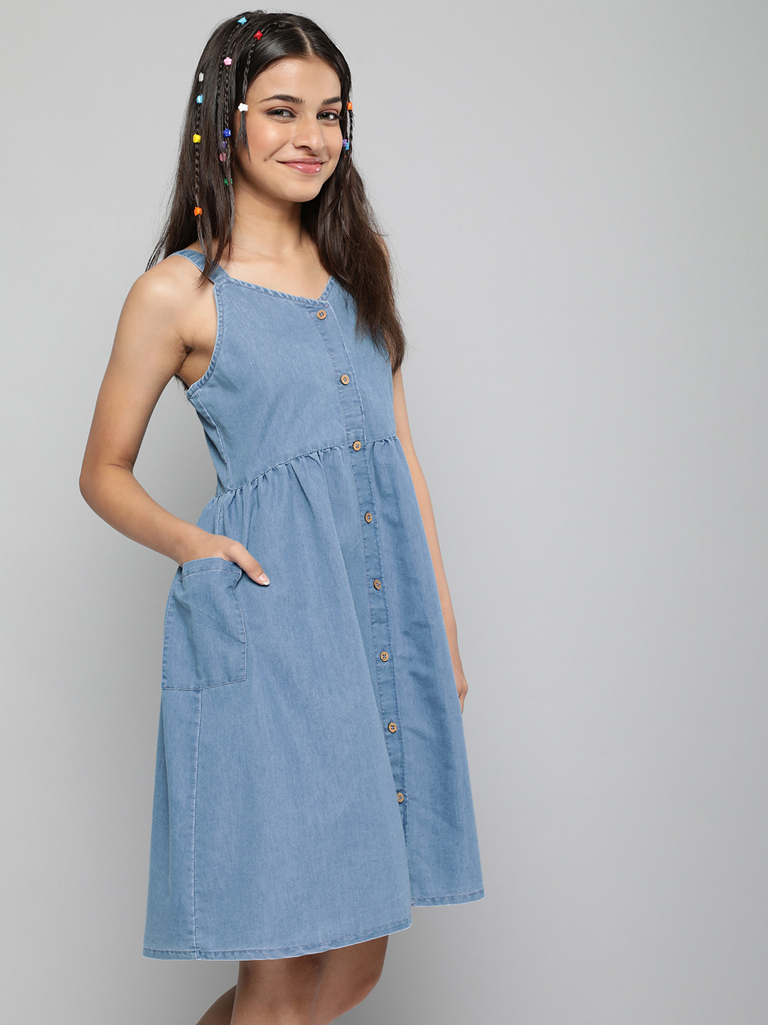 Buy JUSTICE Girls Blue Solid Denim Cotton Fit & Flare Dress With ...
