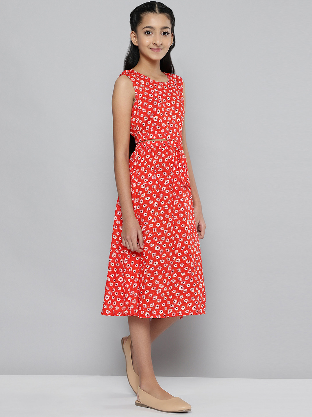 Buy JUSTICE Girls Red Floral Printed Fit & Flared Dress With Cut Out ...