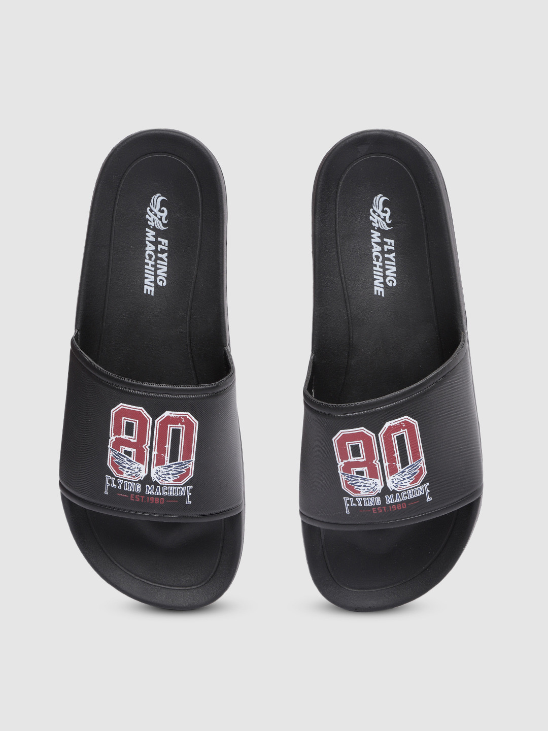 Buy Flying Machine Men Black Printed Sliders - Flip Flops for Men ...