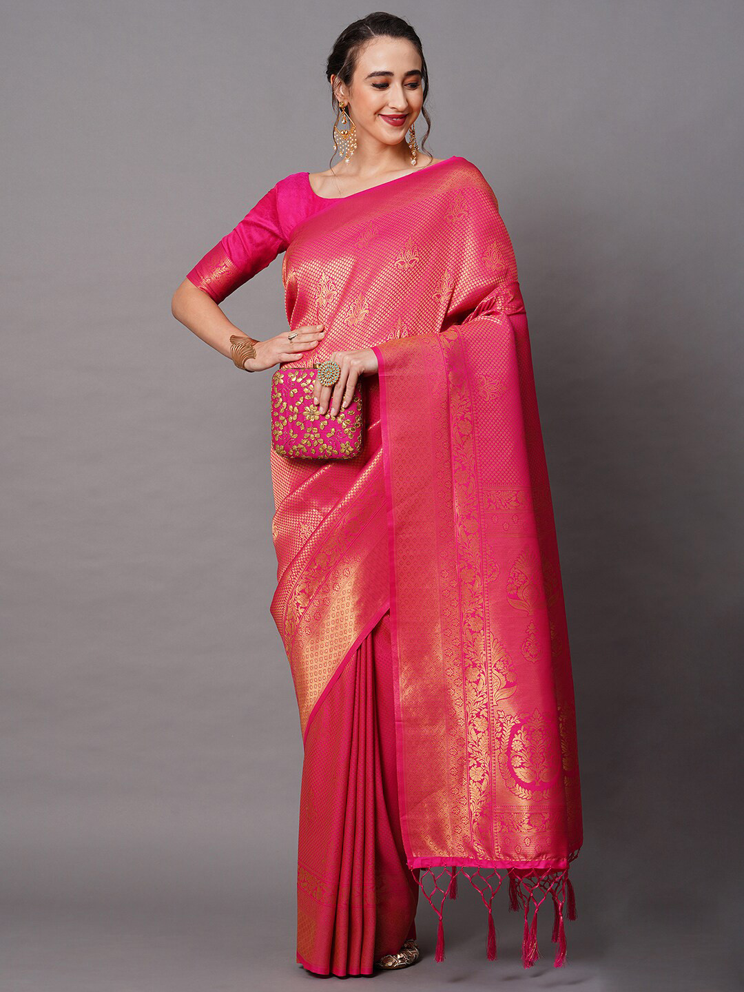 Buy Mitera Pink & Gold Toned Woven Design Silk Blend Banarasi Saree ...