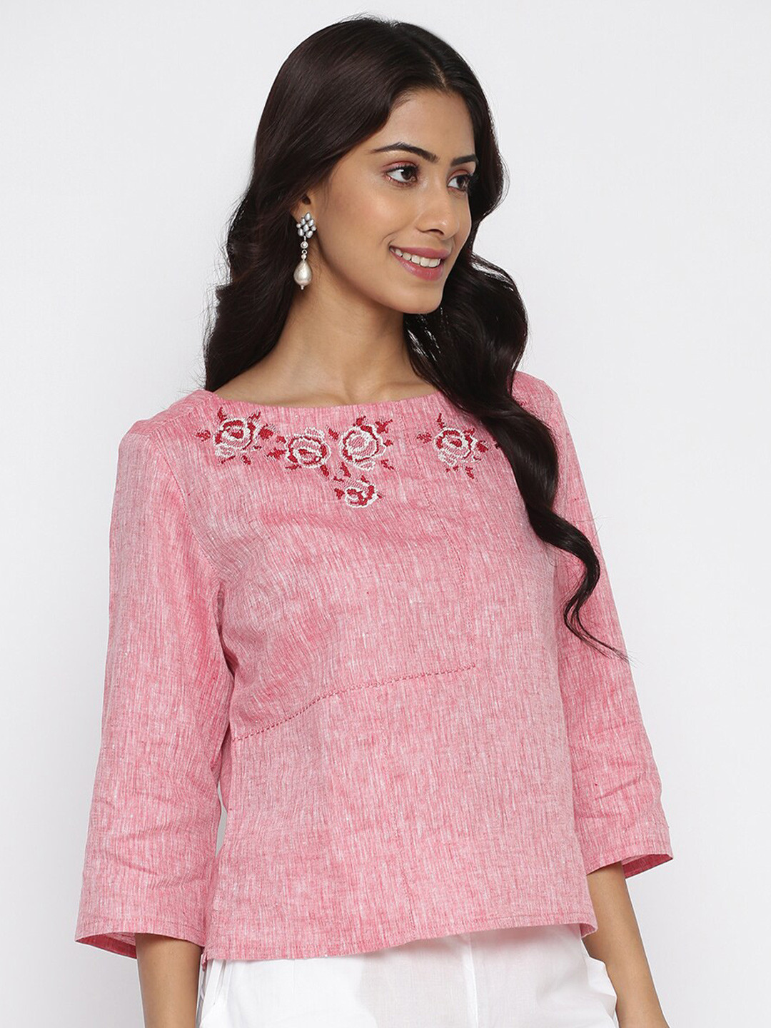 Buy Fabindia Red Floral Embroidered Linen Regular Top - Tops for Women ...