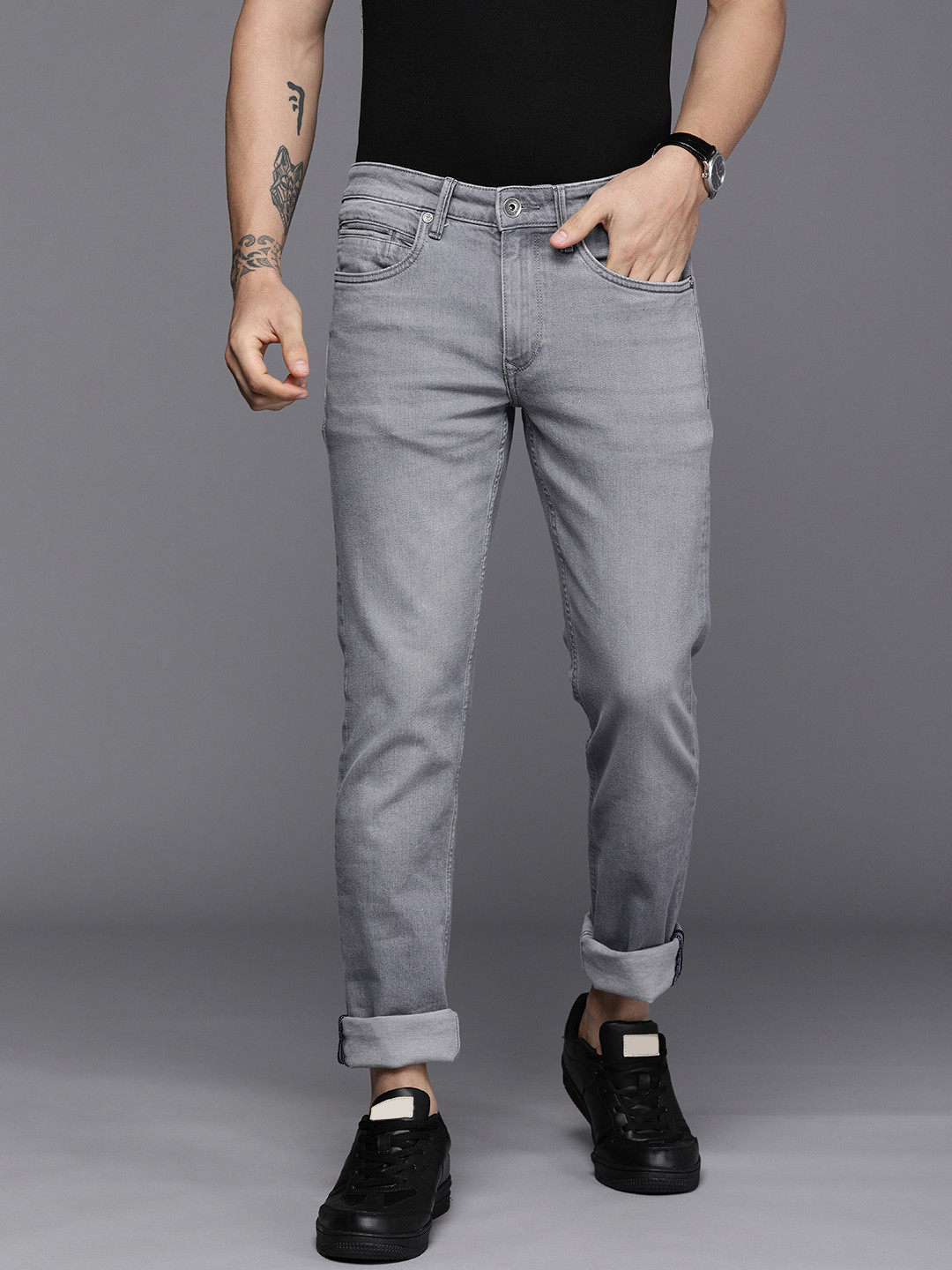Buy Louis Philippe Jeans Men Grey Low Rise Light Fade Stretchable Slim ...