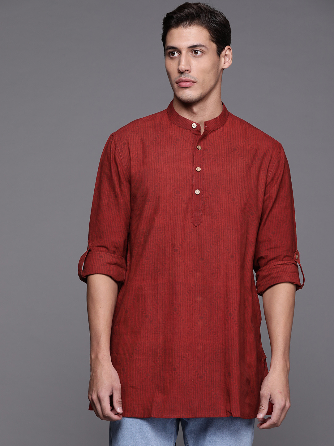 Buy Fabindia Men Rust Red Pure Cotton Striped Kurta - Kurtas for Men ...