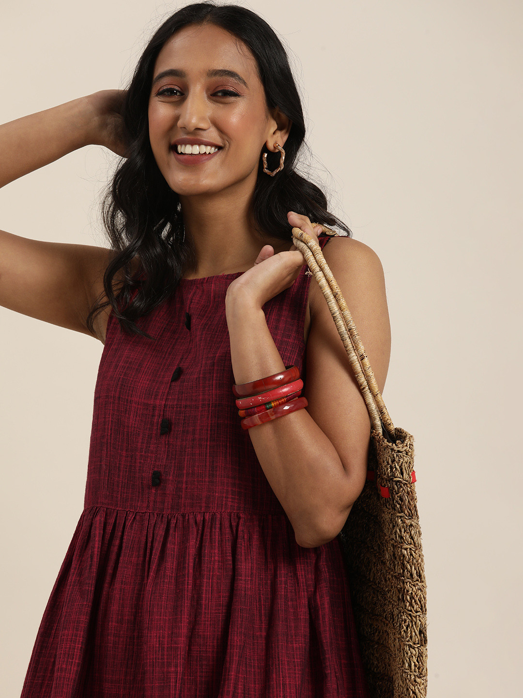 Buy Taavi Maroon Woven Legacy Pure Cotton Dress With Gathers & Pleats ...