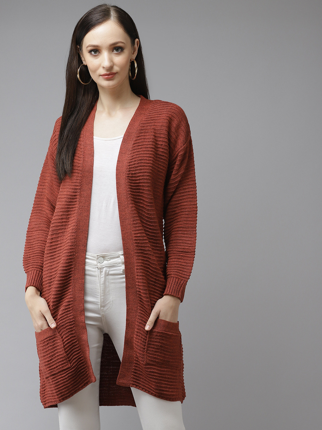 Buy Cayman Women Rust Self Design Longline Shrug - Shrug for Women ...