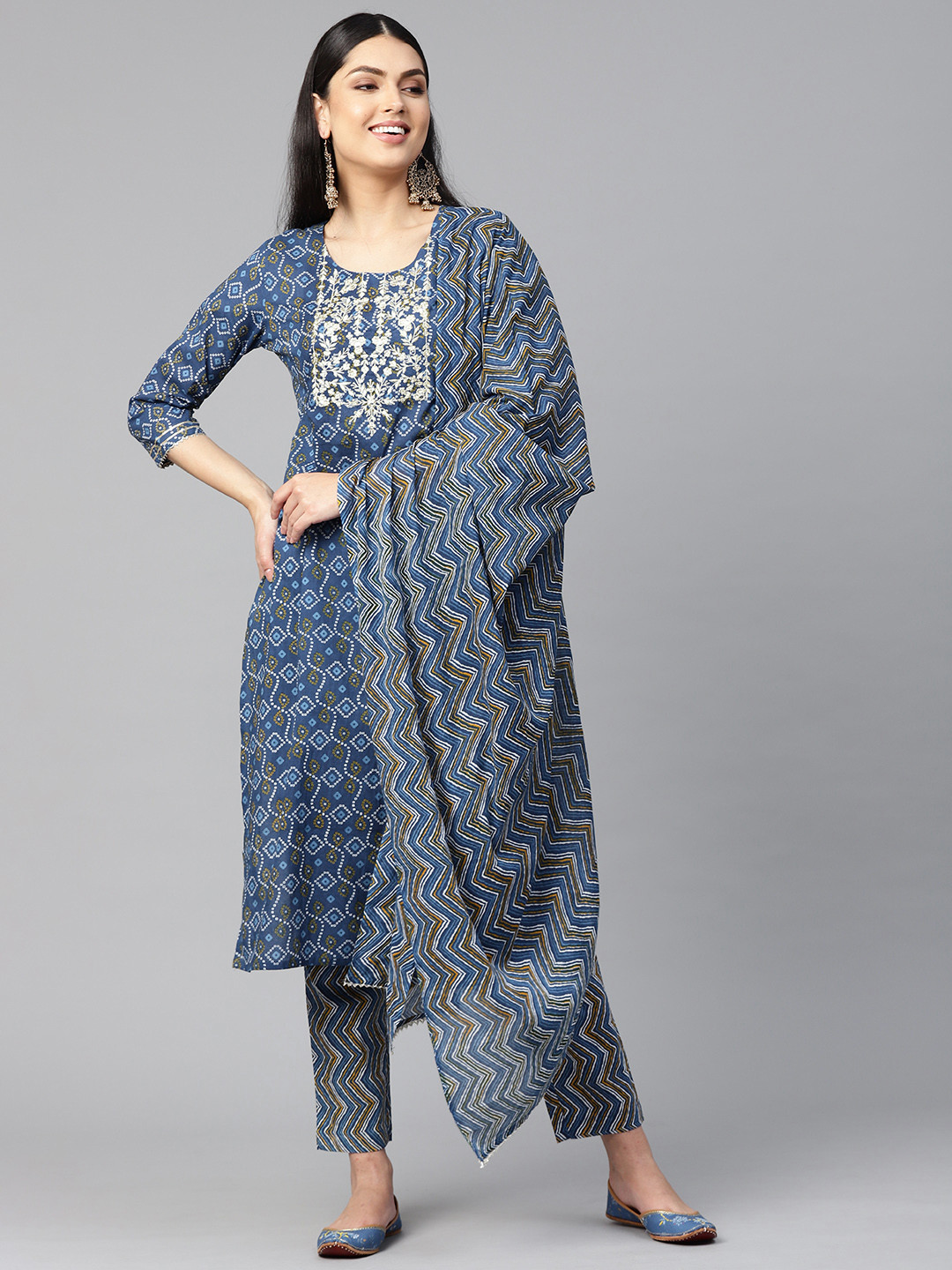 Buy Silai Bunai Women Blue Printed Regular Mirror Work Pure Cotton ...