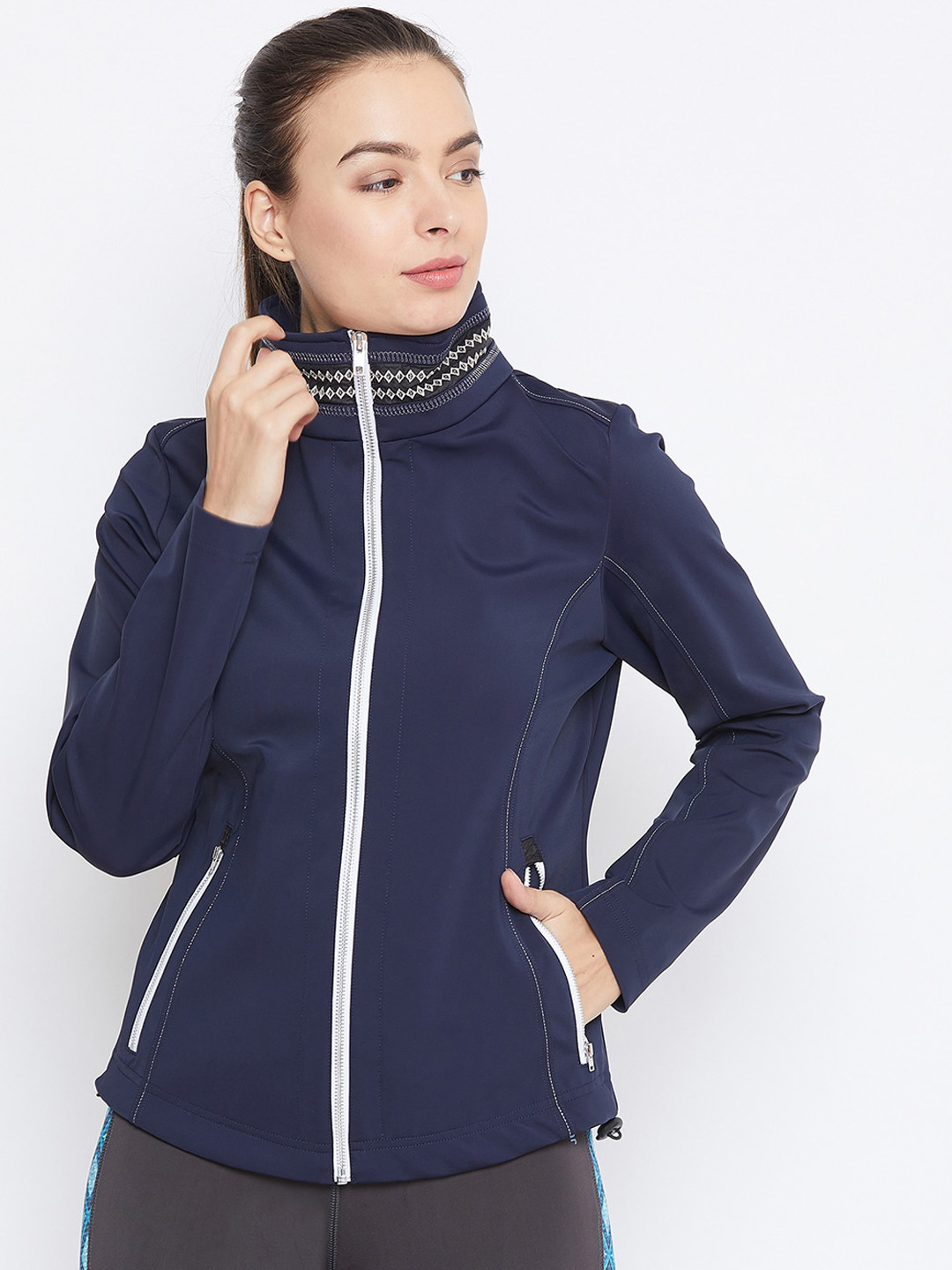Buy JUMP USA Women Navy Blue Solid Sporty Jacket - Jackets for Women ...