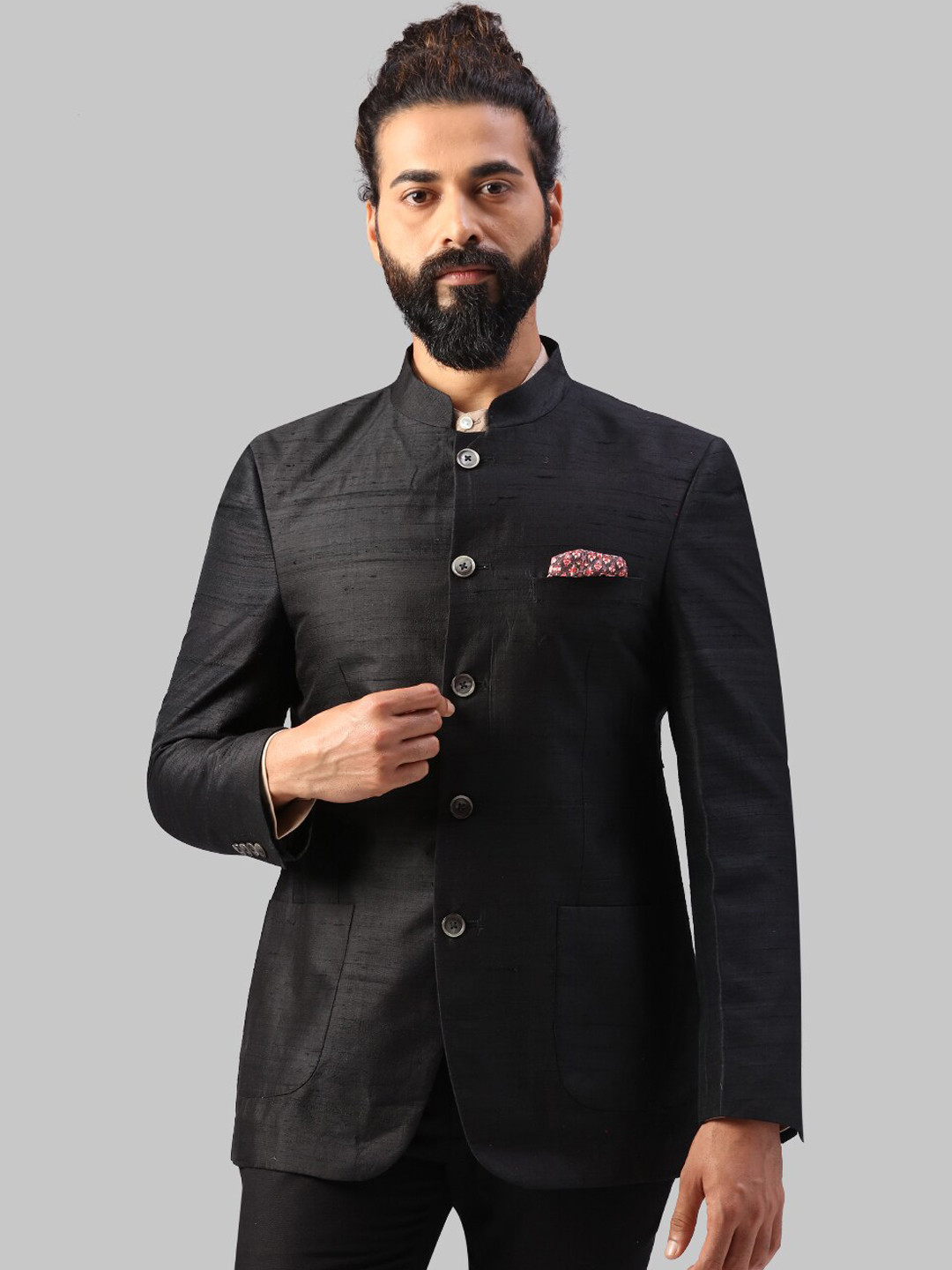 Buy Raymond Men Black Solid Silk Bandhgala Blazer - Blazers for Men ...