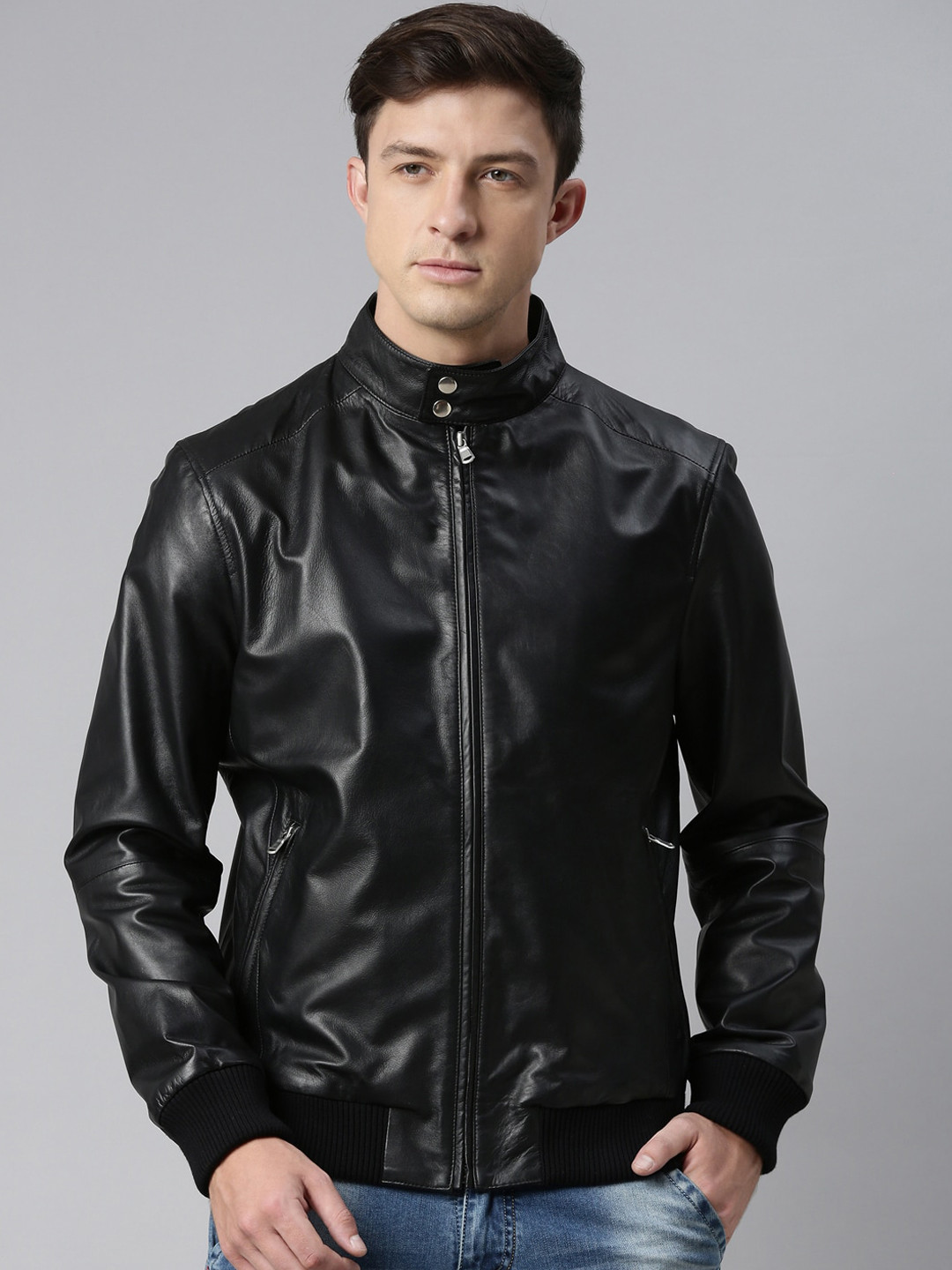 Buy MONOCHROME Men Black Leather Lightweight Leather Jacket - Jackets ...